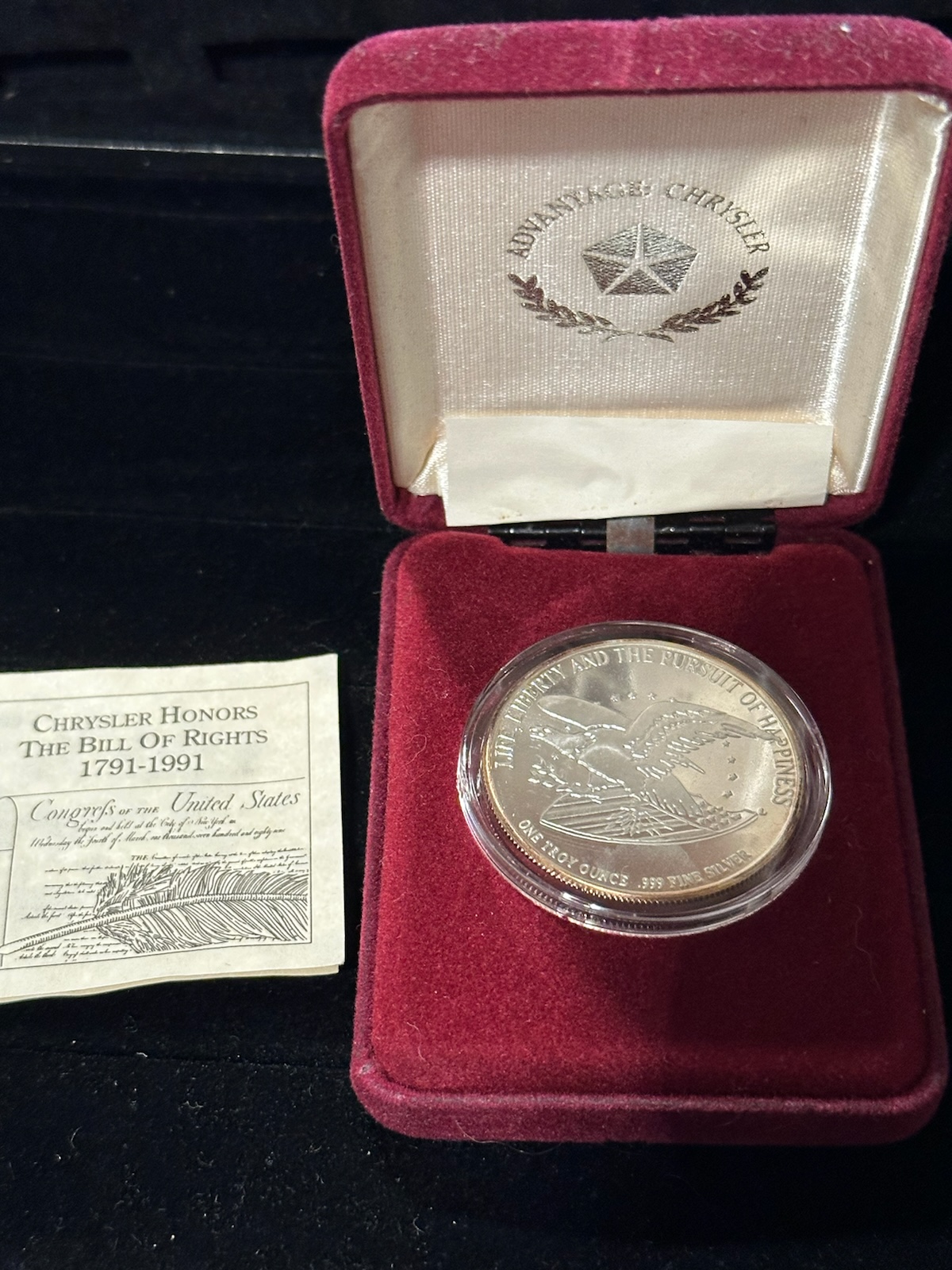 1991 Chrysler Bill of Rights Silver Coin 1 oz silver | Property Room