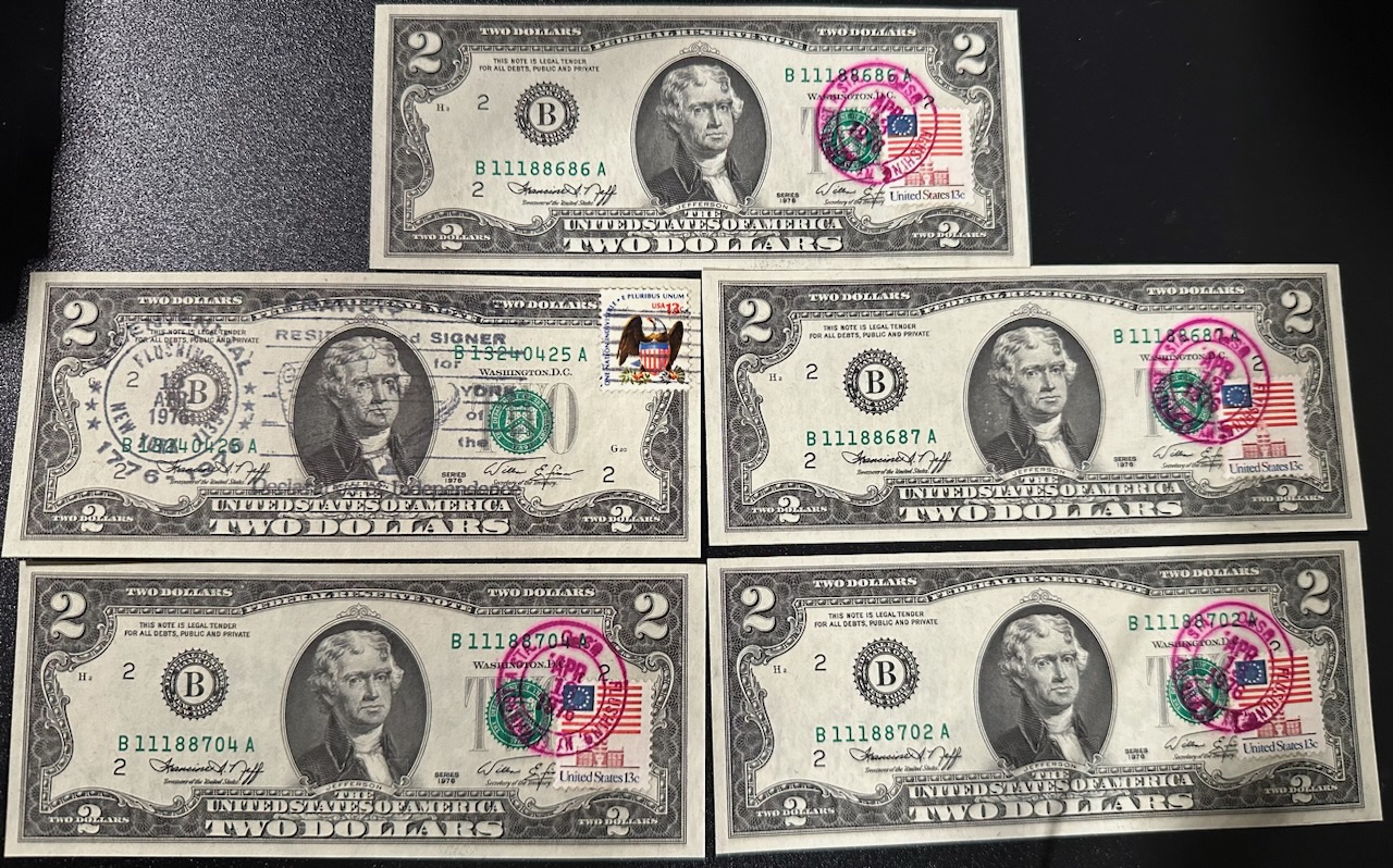 5 pc - 1976 $2 Bills - Uncirculated - Stamped - Coin | Property Room