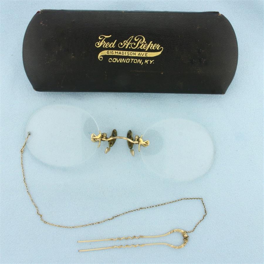 Antique Pince Nez Glasses Spectacles with Hair Pin and Case | Property Room