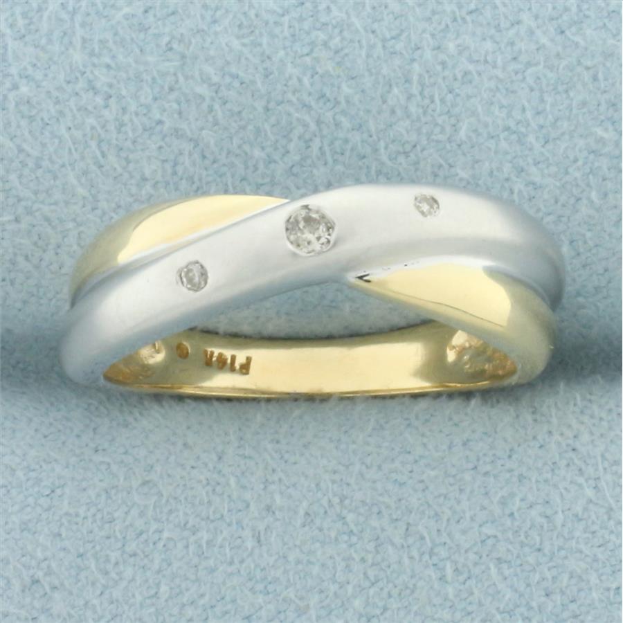 Diamond Two Tone Criss Cross Band Ring in 14k Yellow and White Gold ...