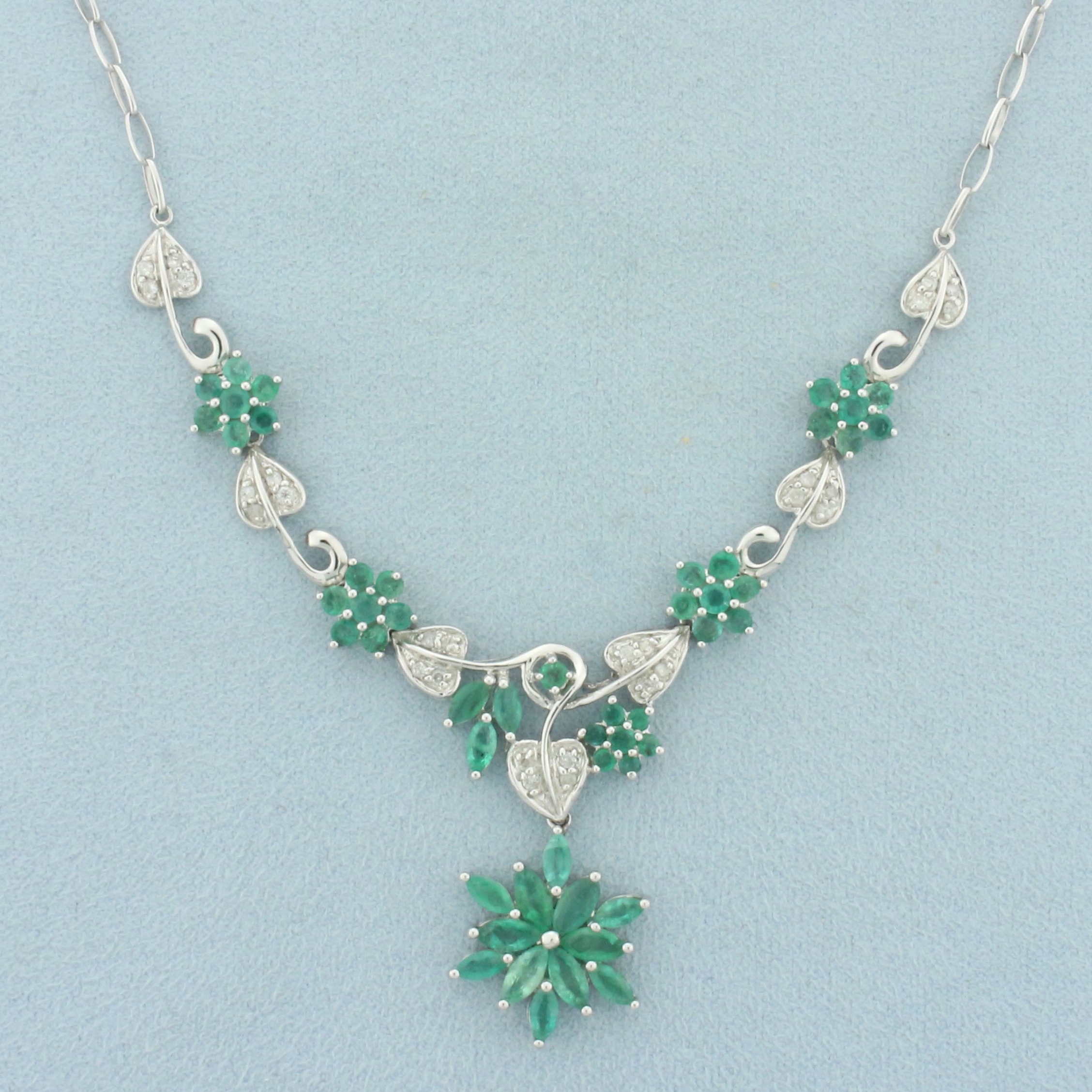6ct Emerald and Diamond Flower Design Necklace in 14k White Gold ...