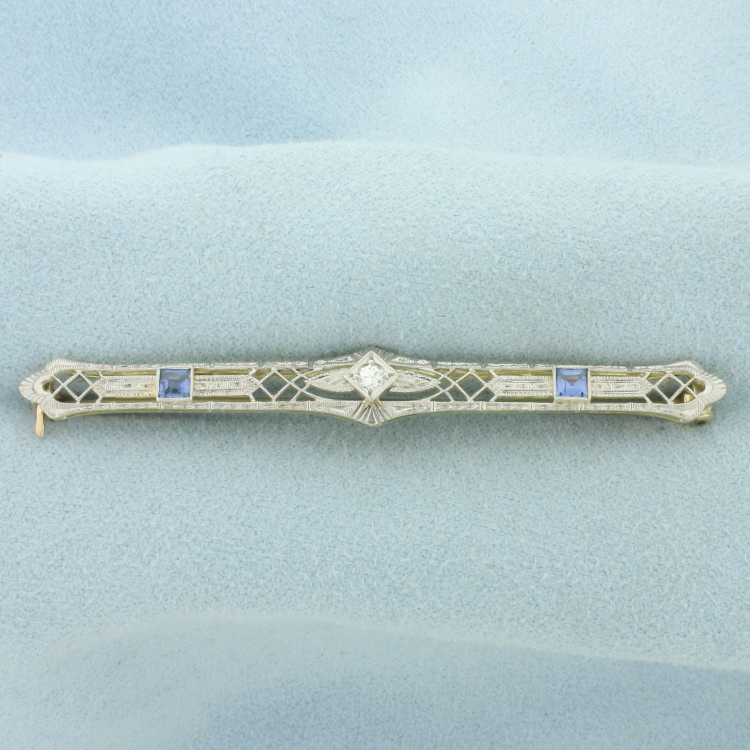 Antique Art Deco Old European Cut Diamond and Sapphire Pin Brooch in ...