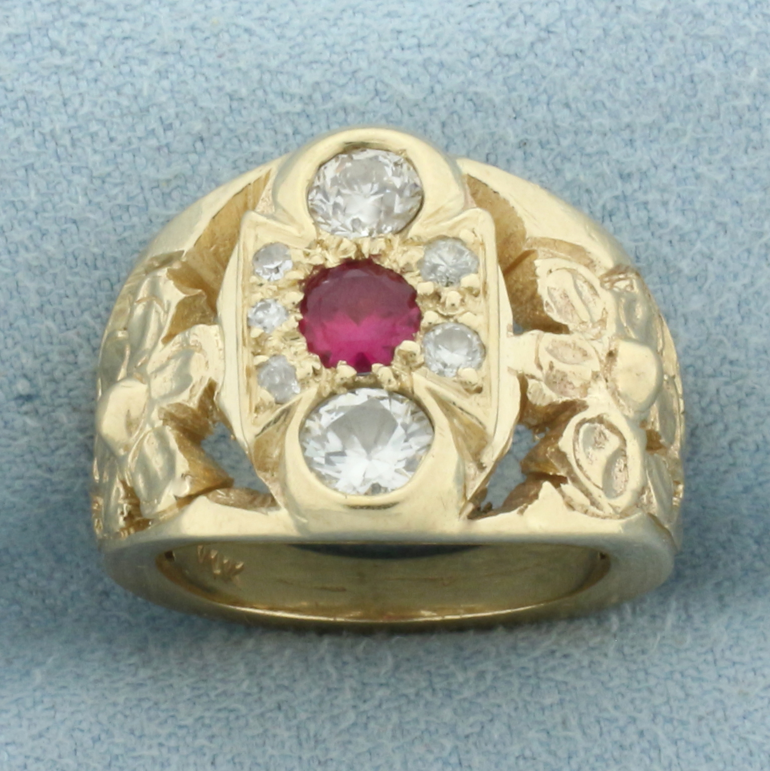 Antique Old European Diamond and Ruby Flower Ring in 14k Yellow Gold ...