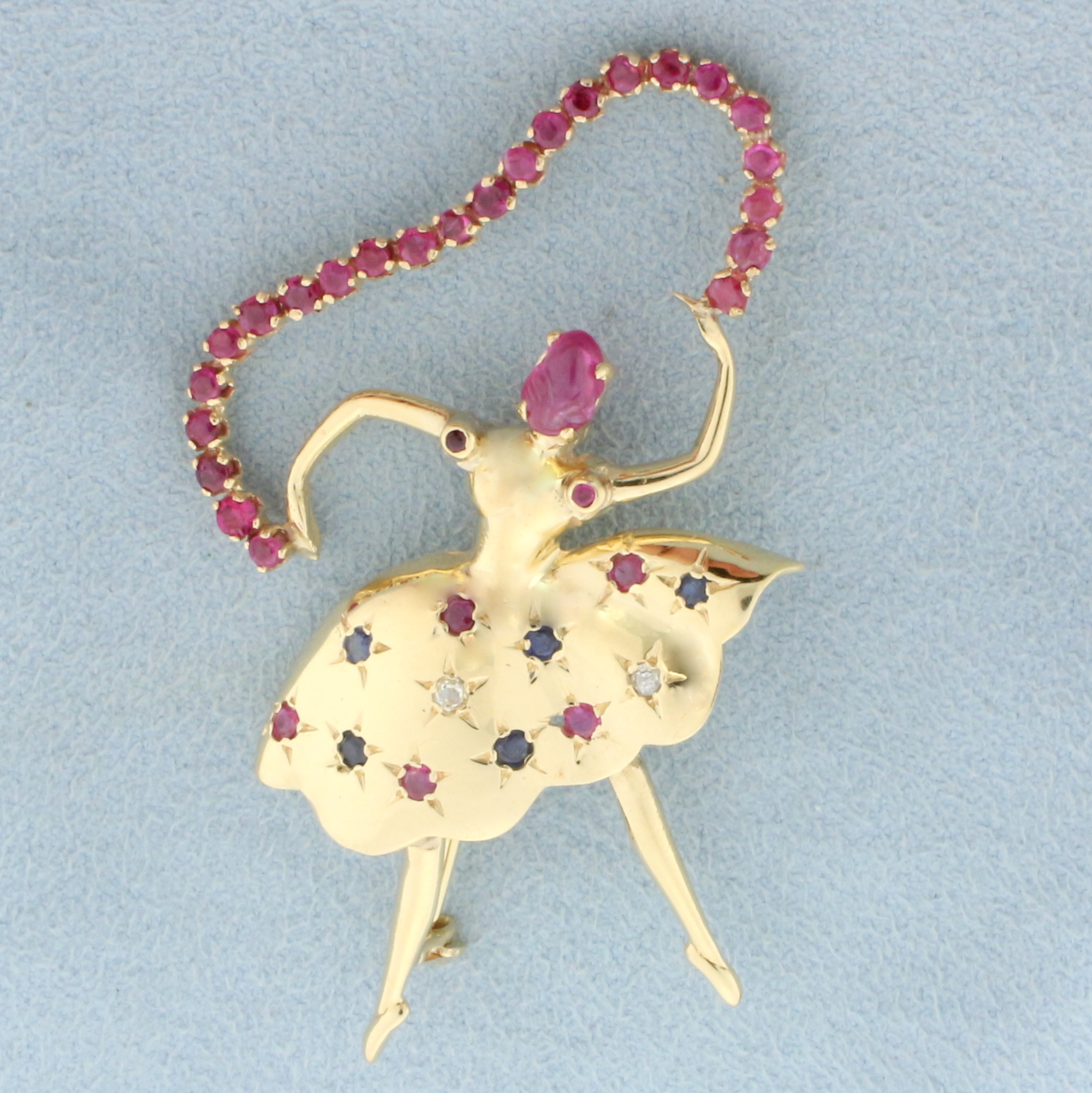 Ballerina Dancer Pin with Ruby, Sapphire, and Diamonds in 14k Yellow ...