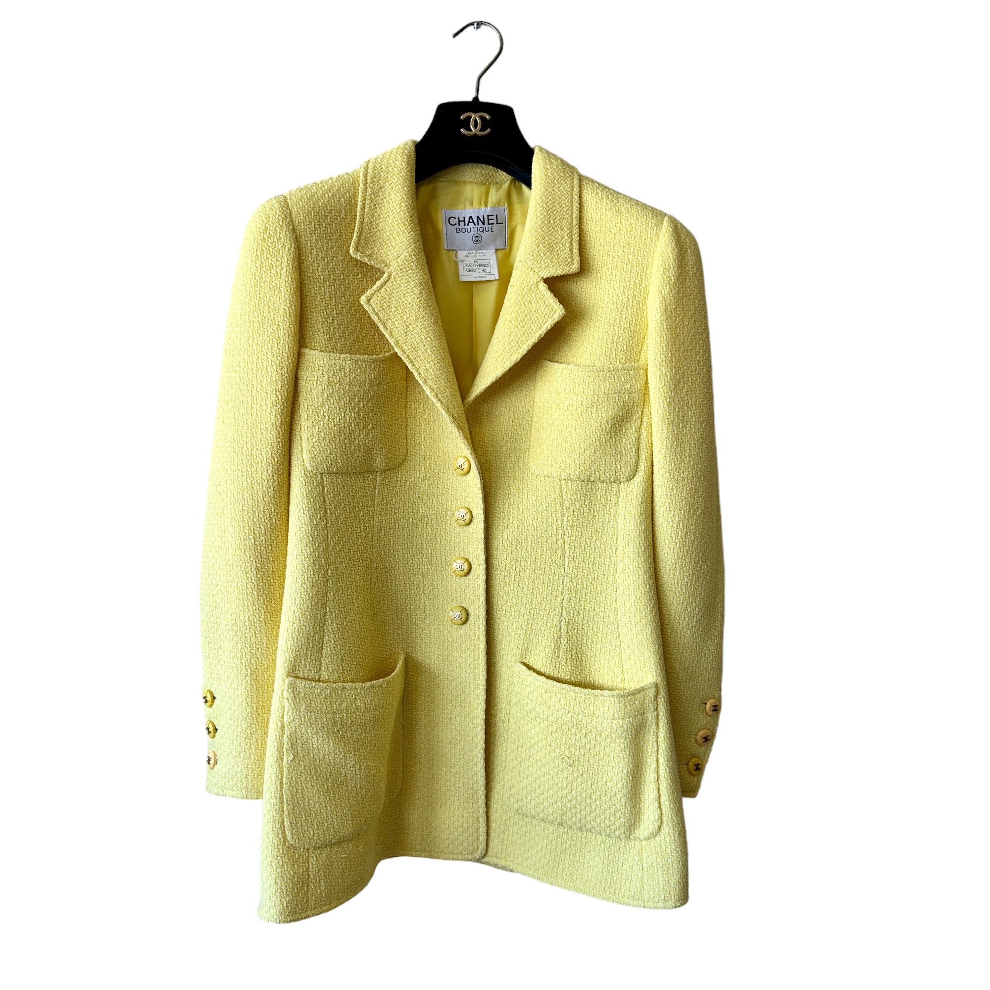 Chanel 97C Bright Yellow Tweed CC Logo Button Blazer Jacket 42 ...