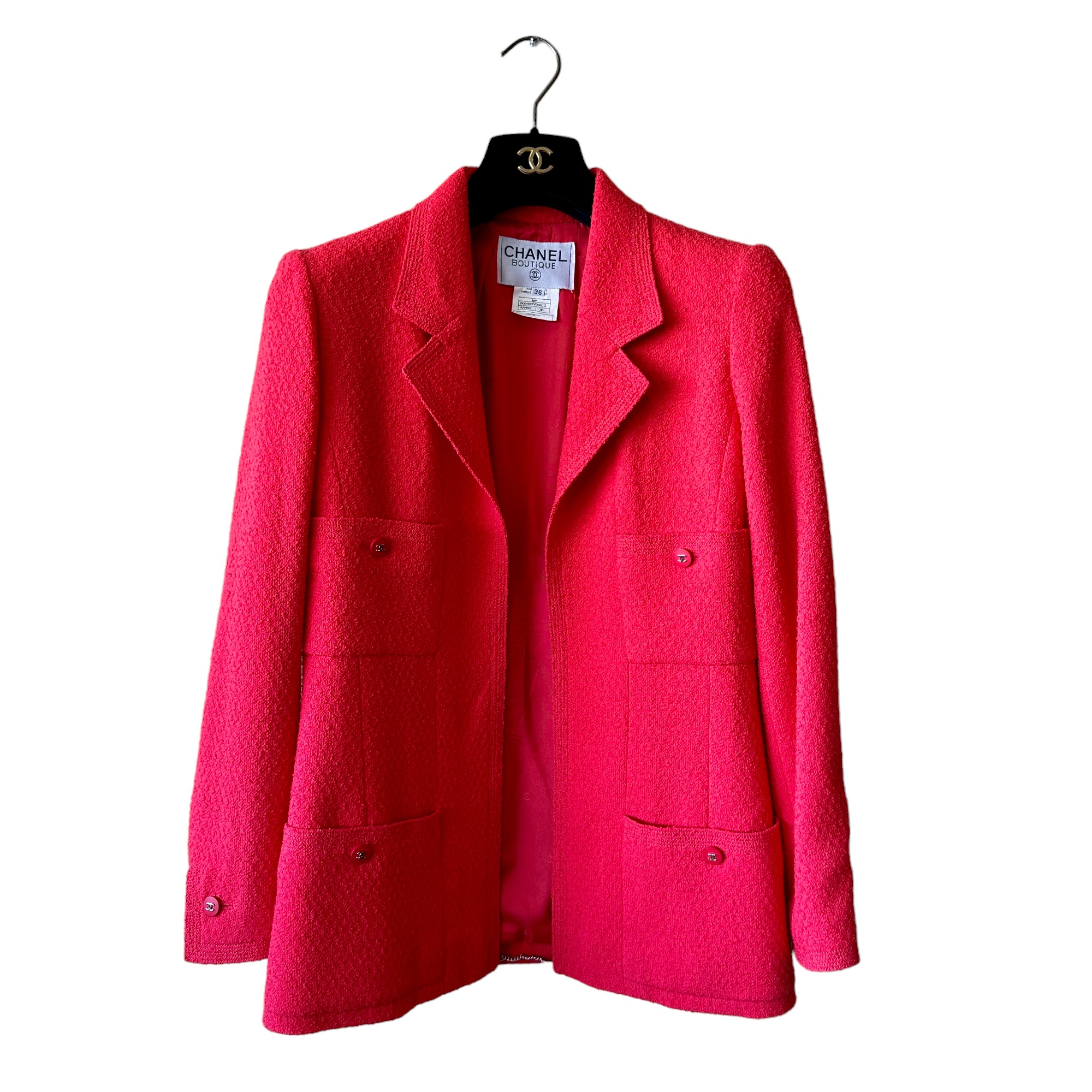Chanel Red CC Logo Classic Boucle Tweed Jacket Blazer 36 | Property Room