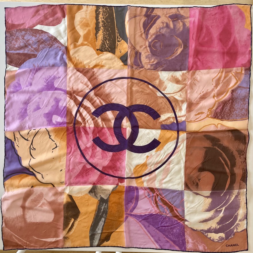Chanel Vintage Silk Chiffon Flower CC Logo Purple Pink 90 Scarf ...