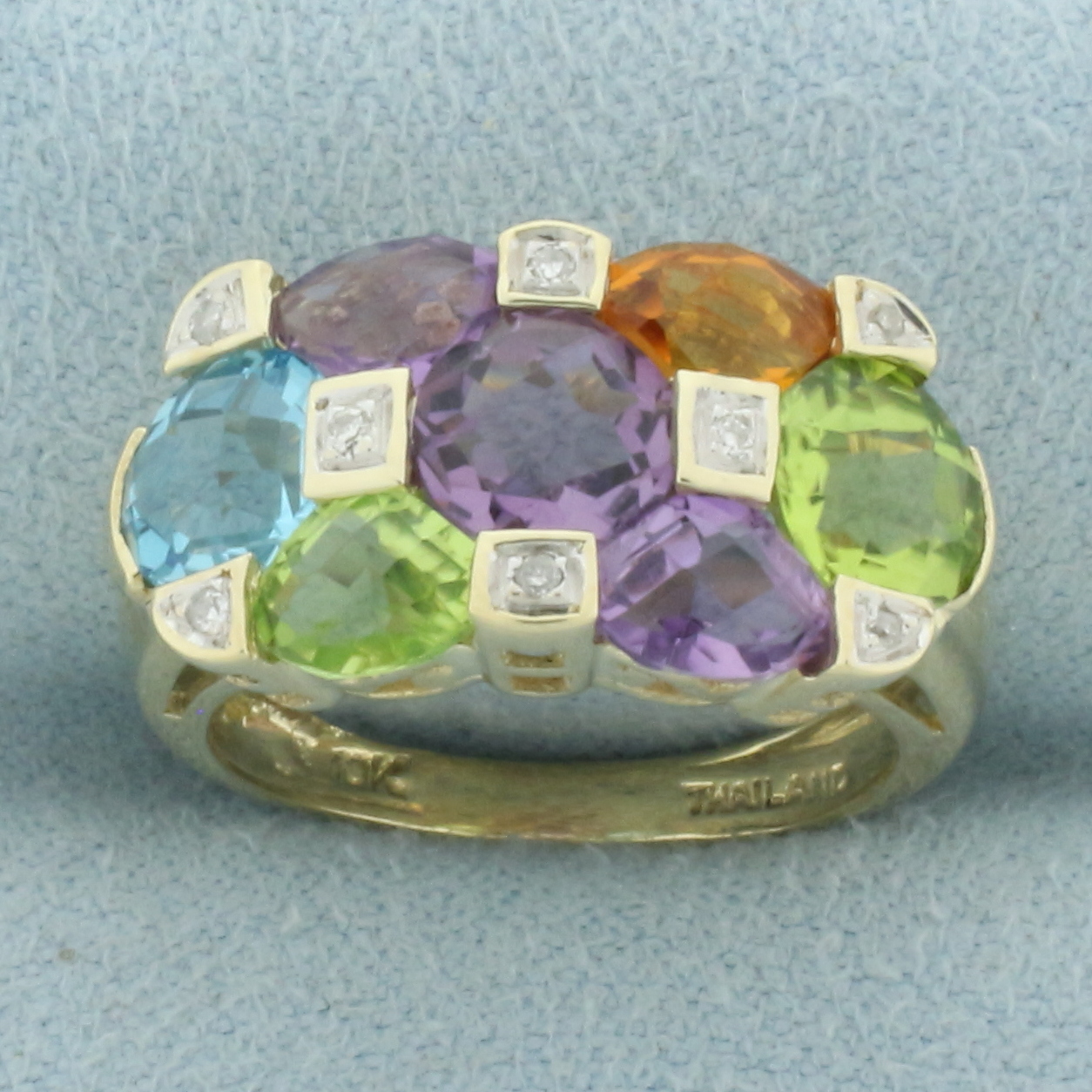 Checkerboard Cut Multi Gemstone Quilt Design Ring in 10k Yellow Gold ...