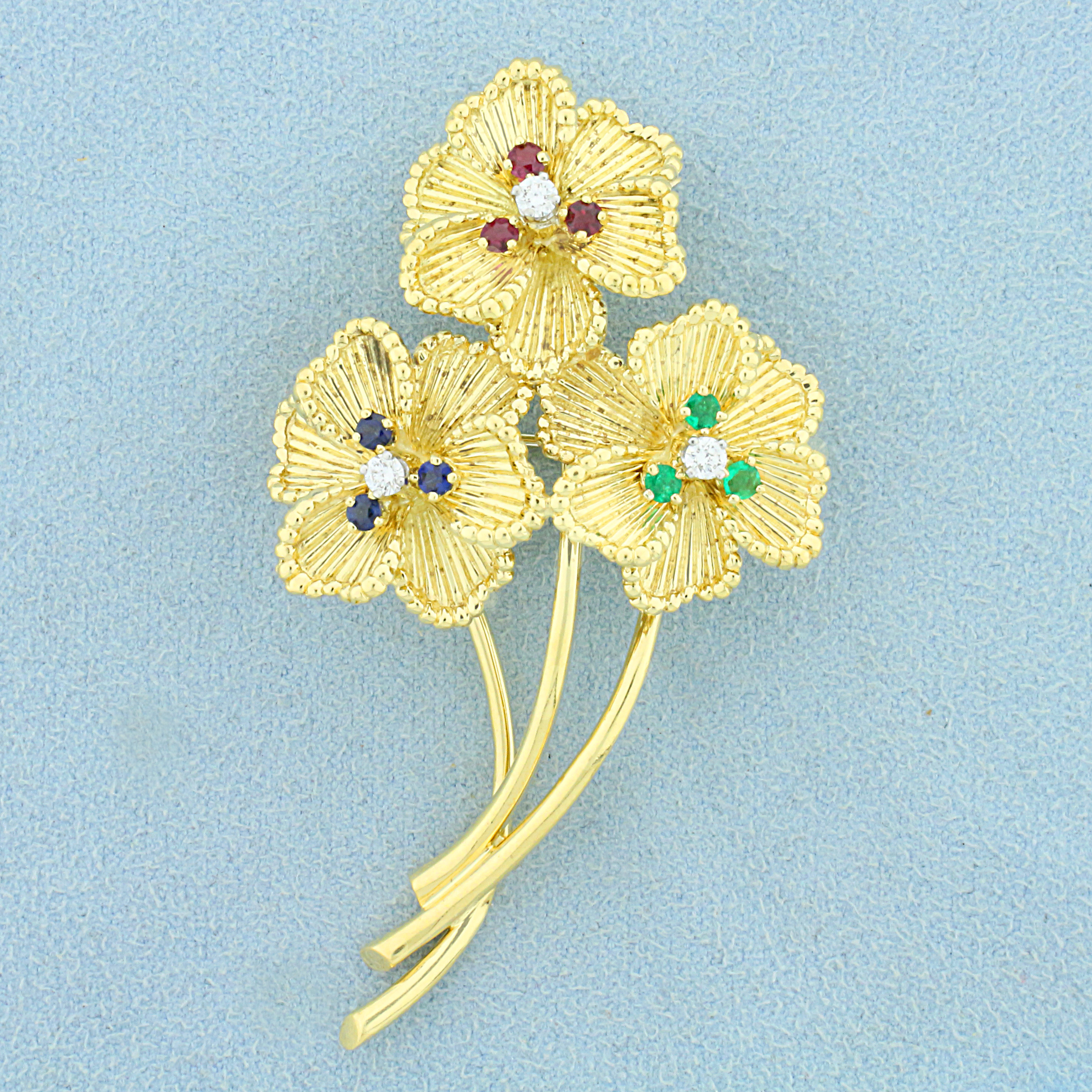 Designer Dankner Flower Pin with Emerald, Sapphire, Ruby, and Diamond ...