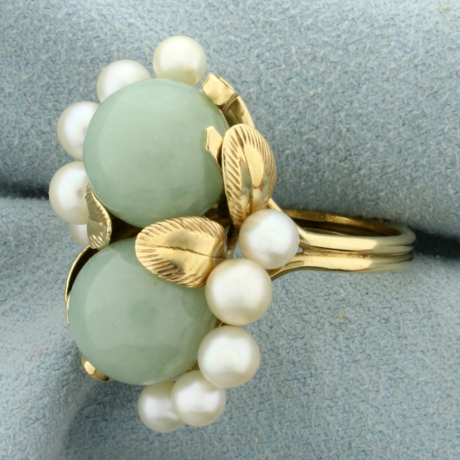 Designer Ming's Hawaii Jade and Pearl Leaf Design Ring in 14K Yellow ...