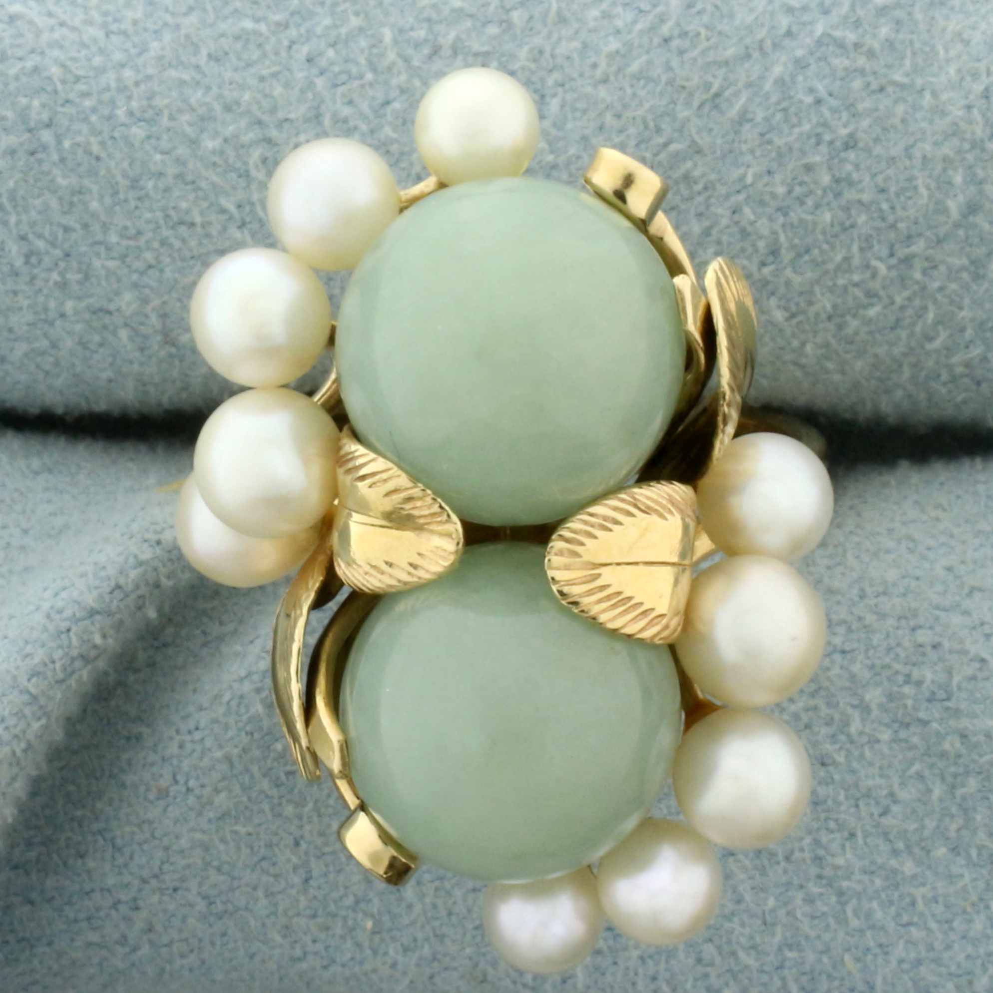 Designer Ming's Hawaii Jade and Pearl Leaf Design Ring in 14K Yellow ...