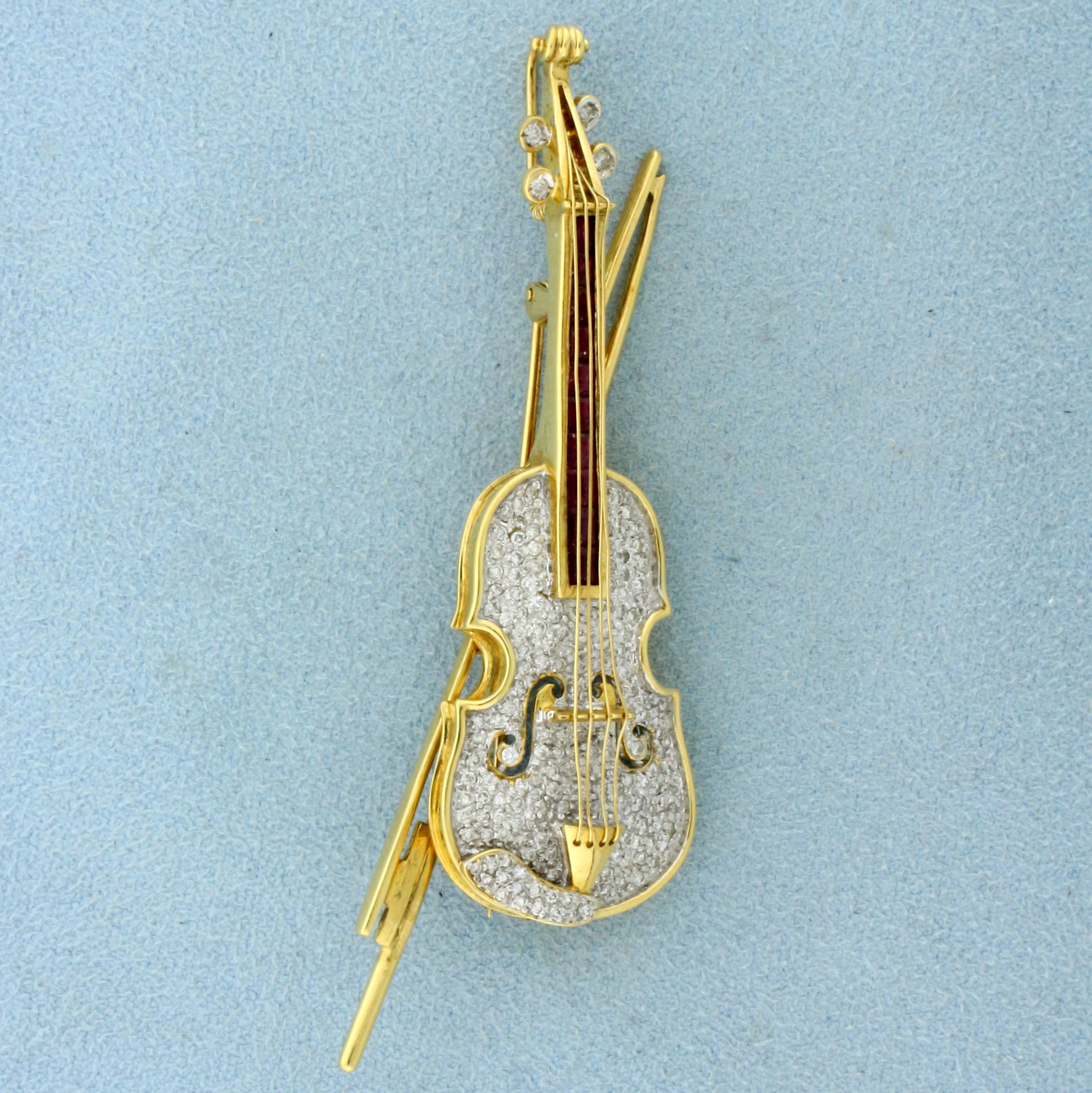 Diamond and Ruby Violin Pin in 18k Yellow Gold | Property Room