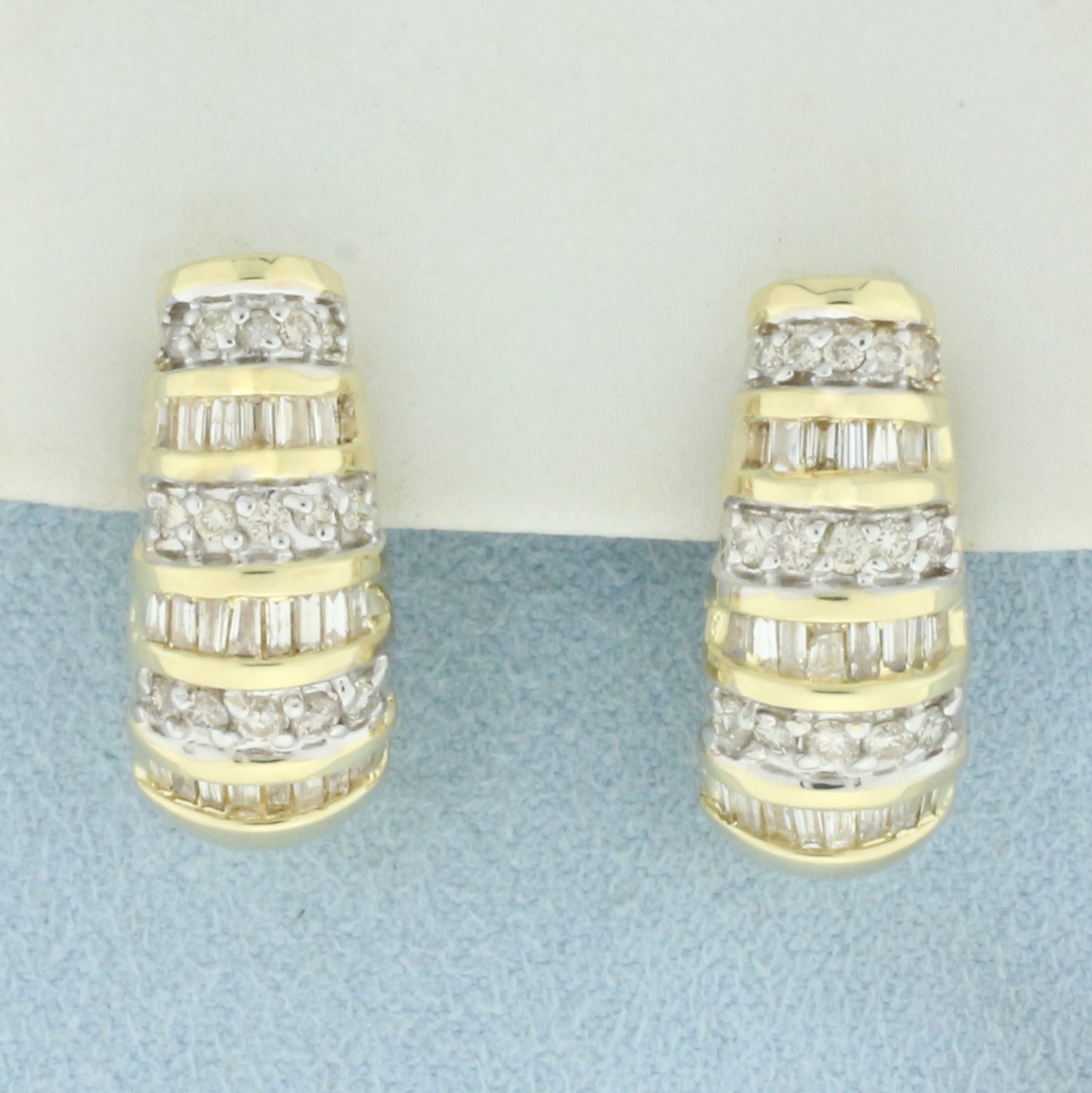 Diamond Beehive Design Half Hoop Earrings in 14k Yellow Gold | Property ...