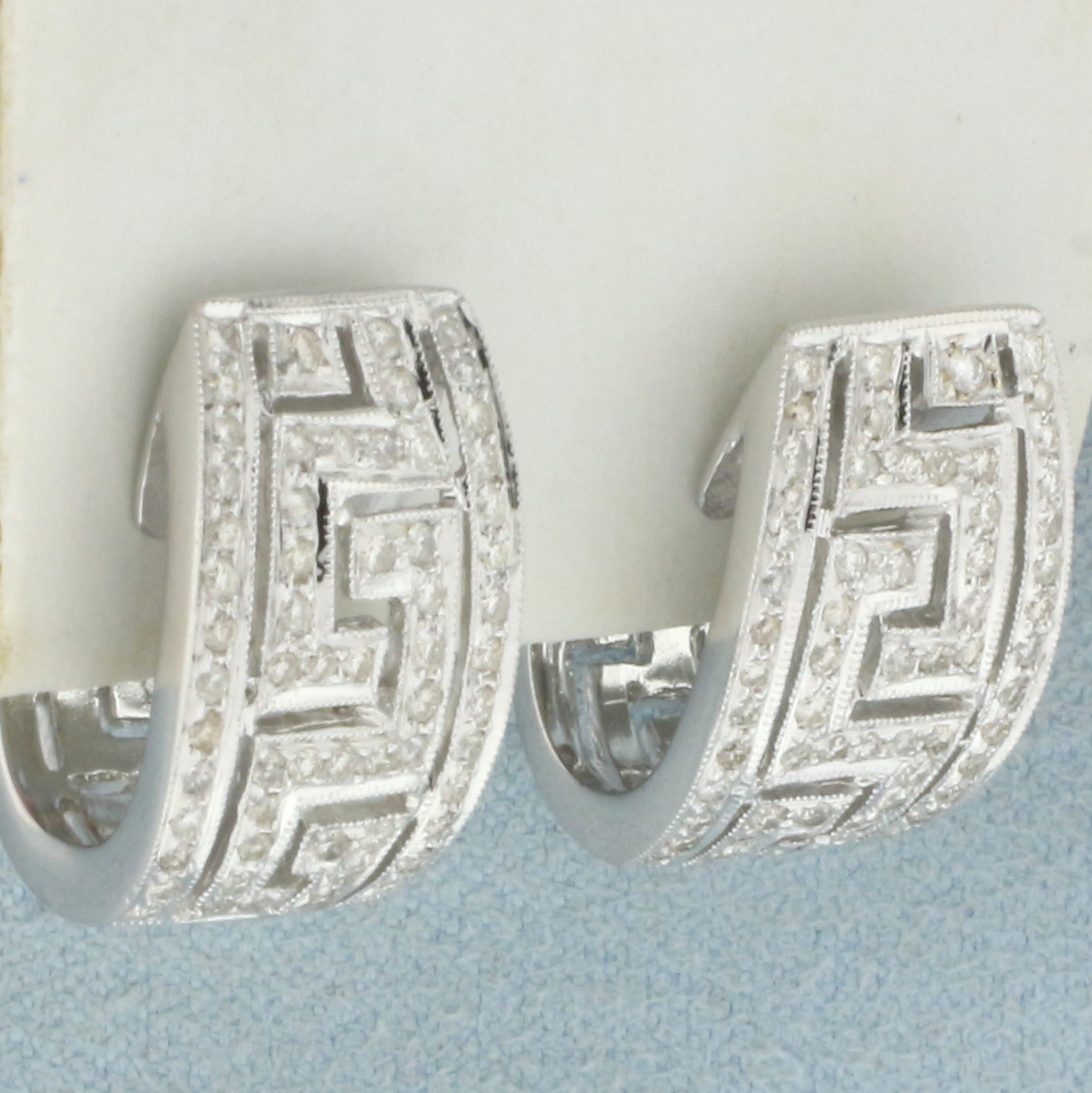 Diamond Greek Key Earrings in 18k White Gold | Property Room