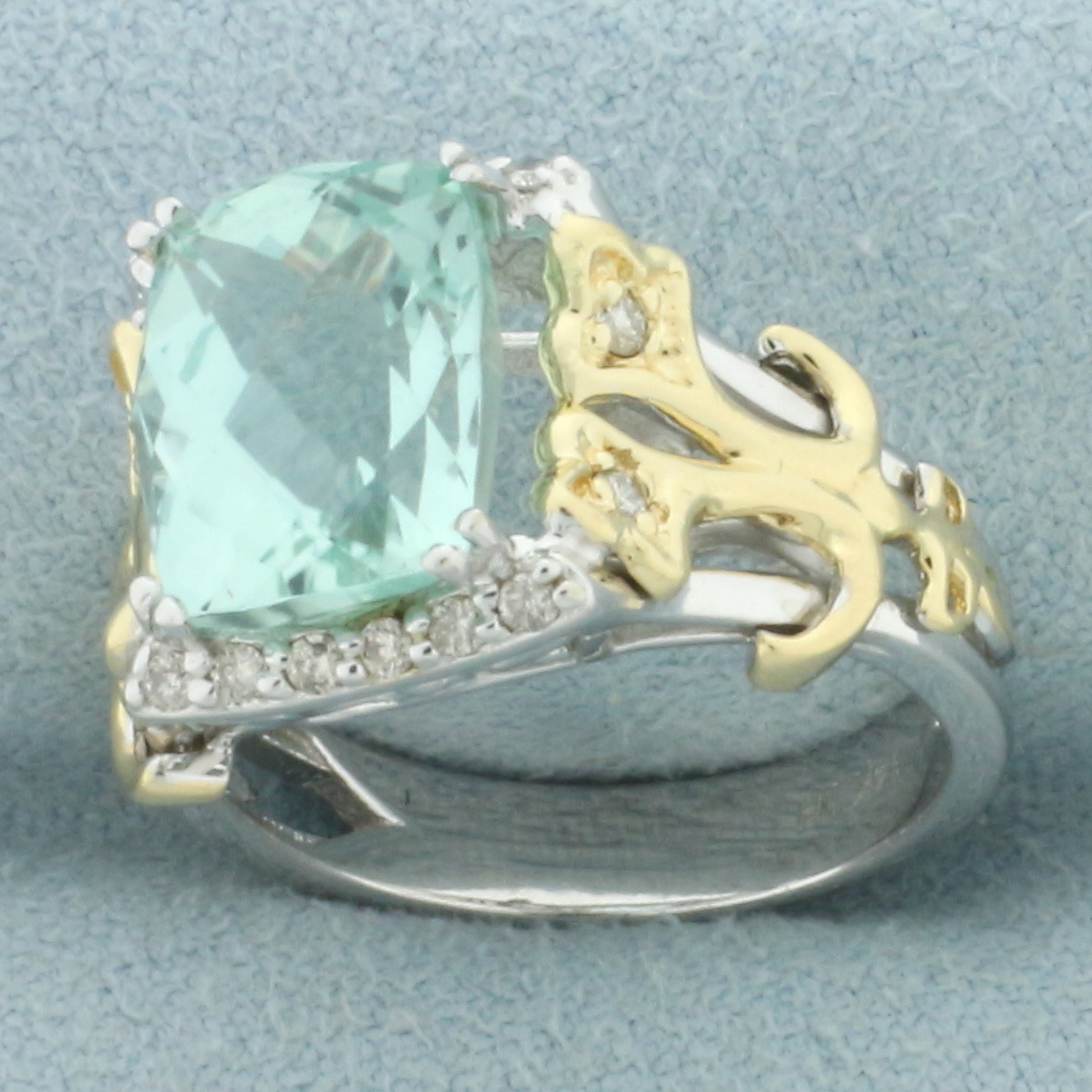 Fancy Checkerboard Cut Aquamarine and Diamond Ring in 14k White and ...