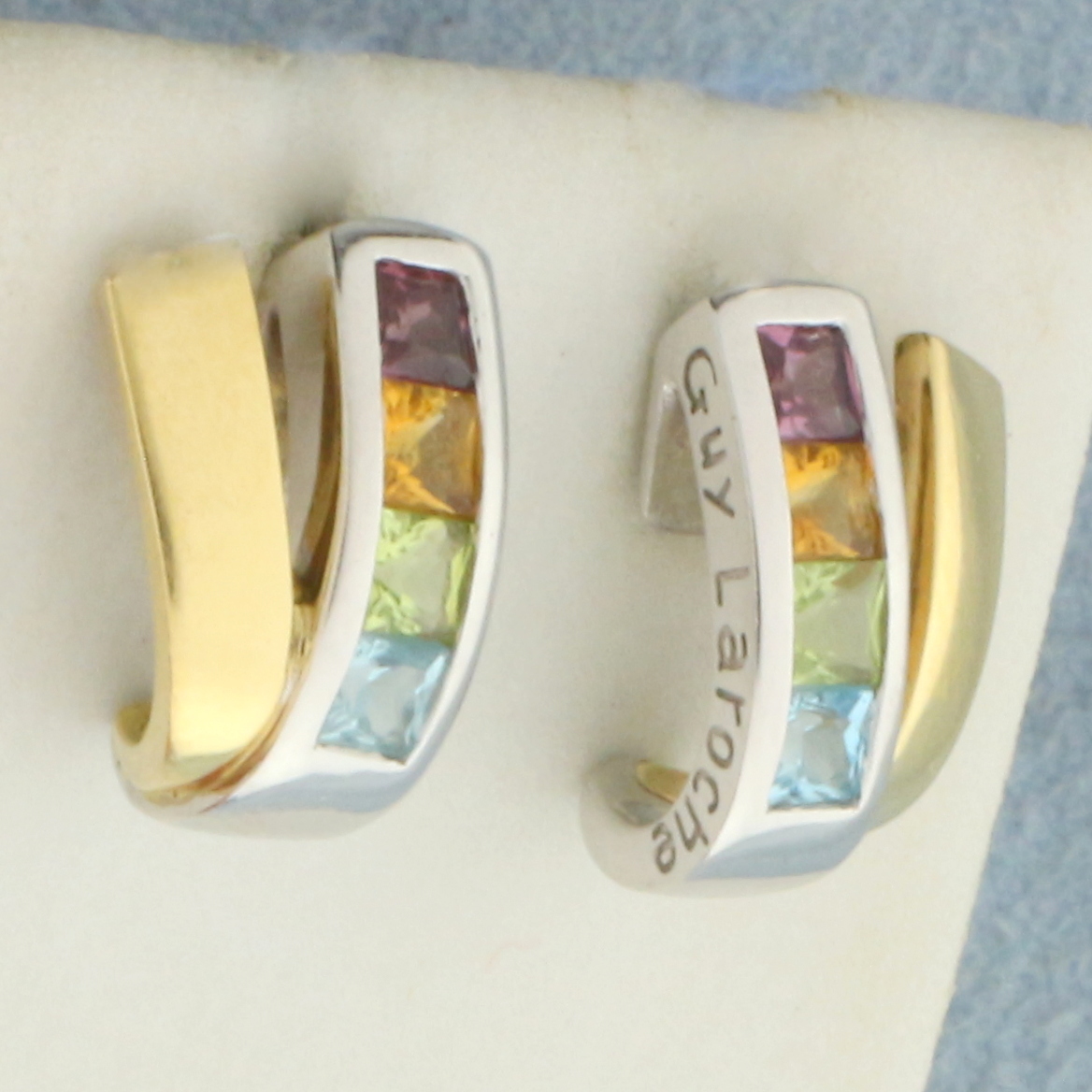 Guy Laroche Designer Rainbow Gemstone Earrings in 18k Yellow and White ...