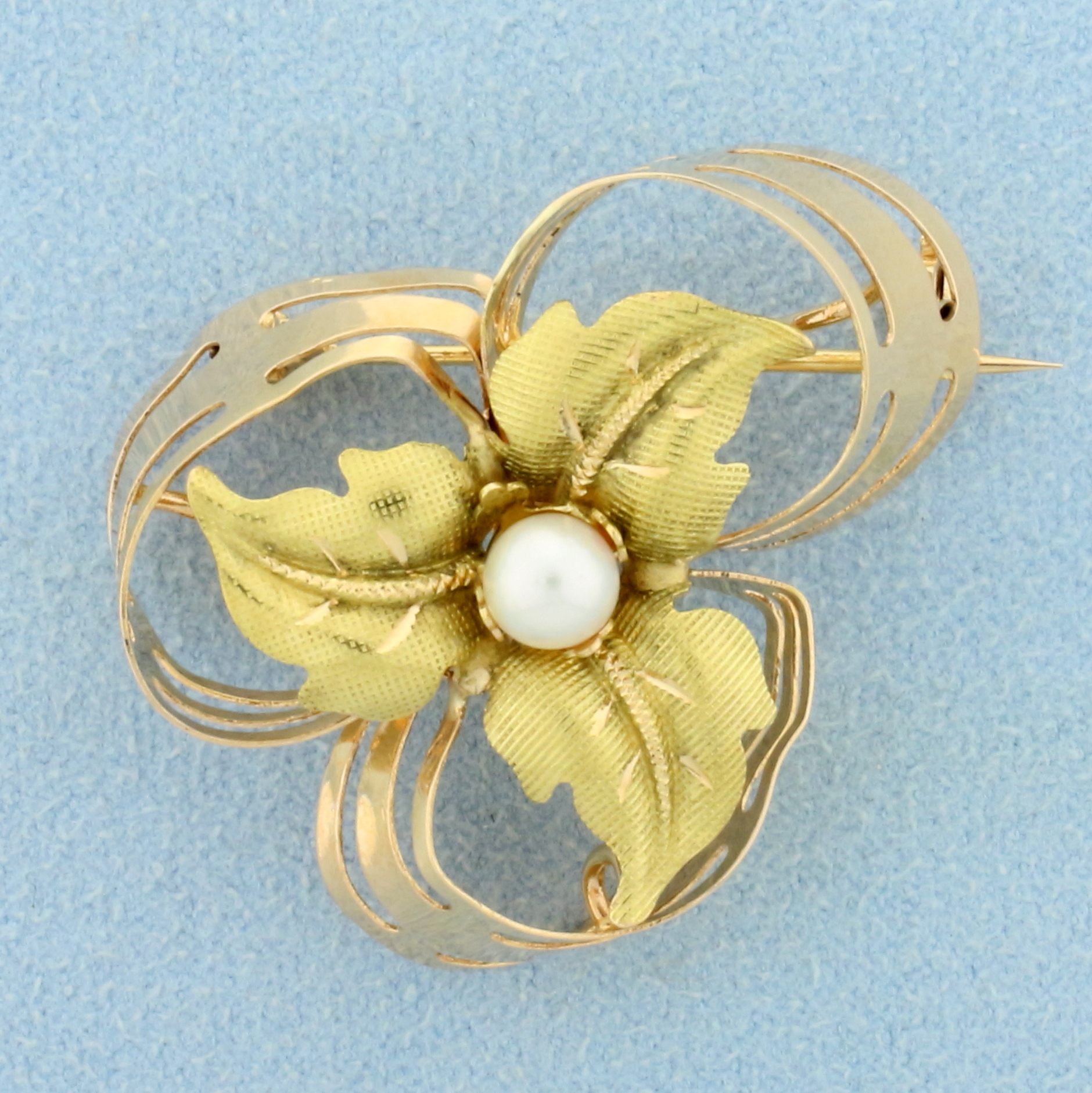 Hand Crafted Custom Design Pearl Leaf Pin in 18K Yellow and Rose Gold ...