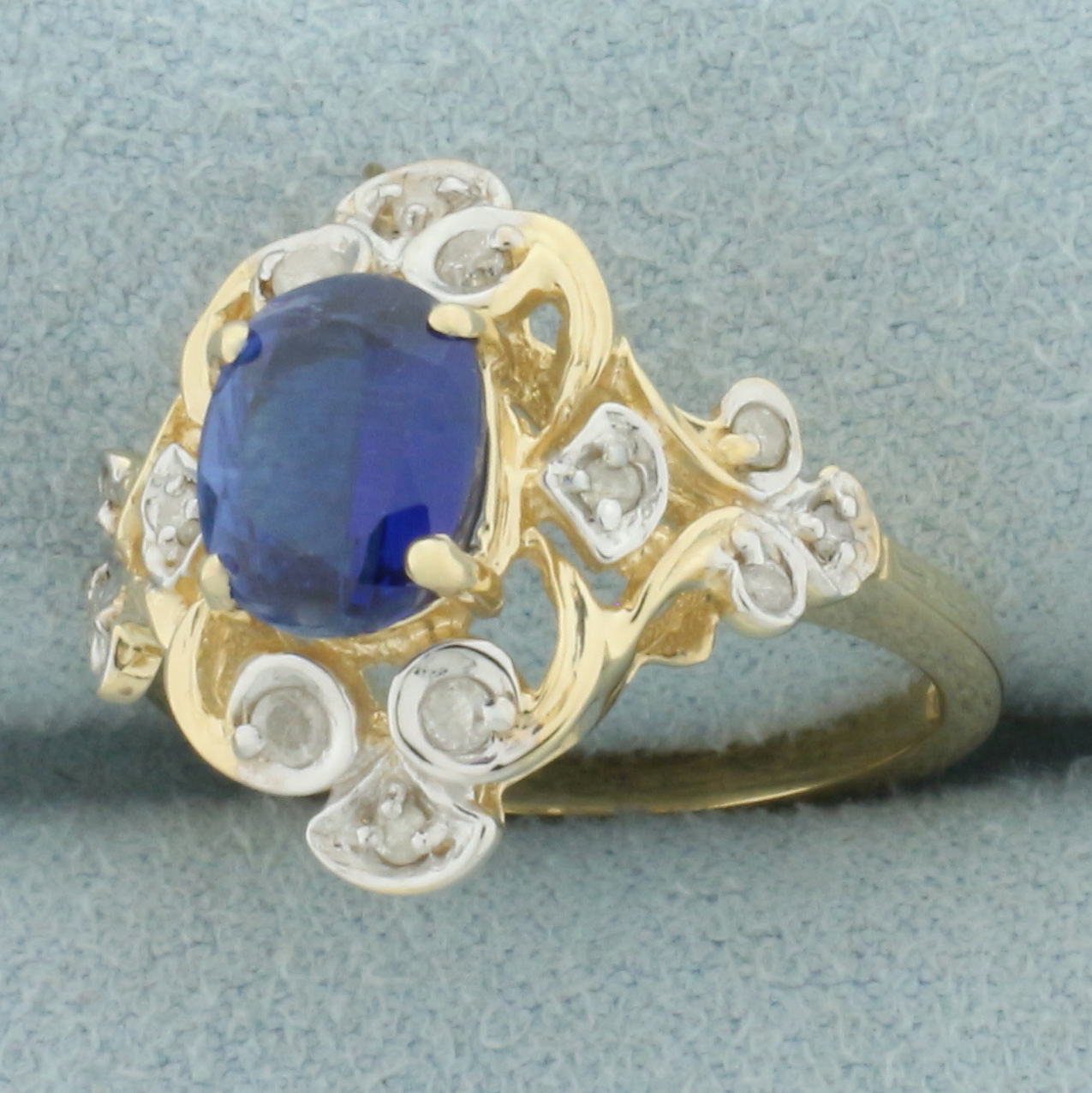 Sapphire and Diamond Scroll Design Ring in 14k Yellow Gold | Property Room