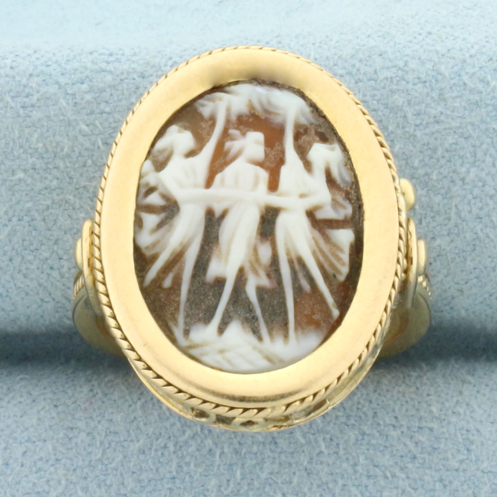 Three Graces Carved Shell Cameo Ring in 18k Yellow Gold | Property Room