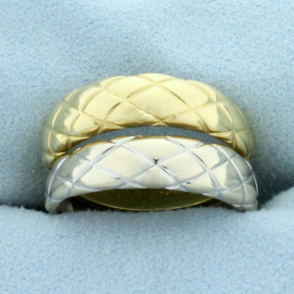 Two Quilted Design Band Stacking Rings in 18K White and Yellow Gold ...