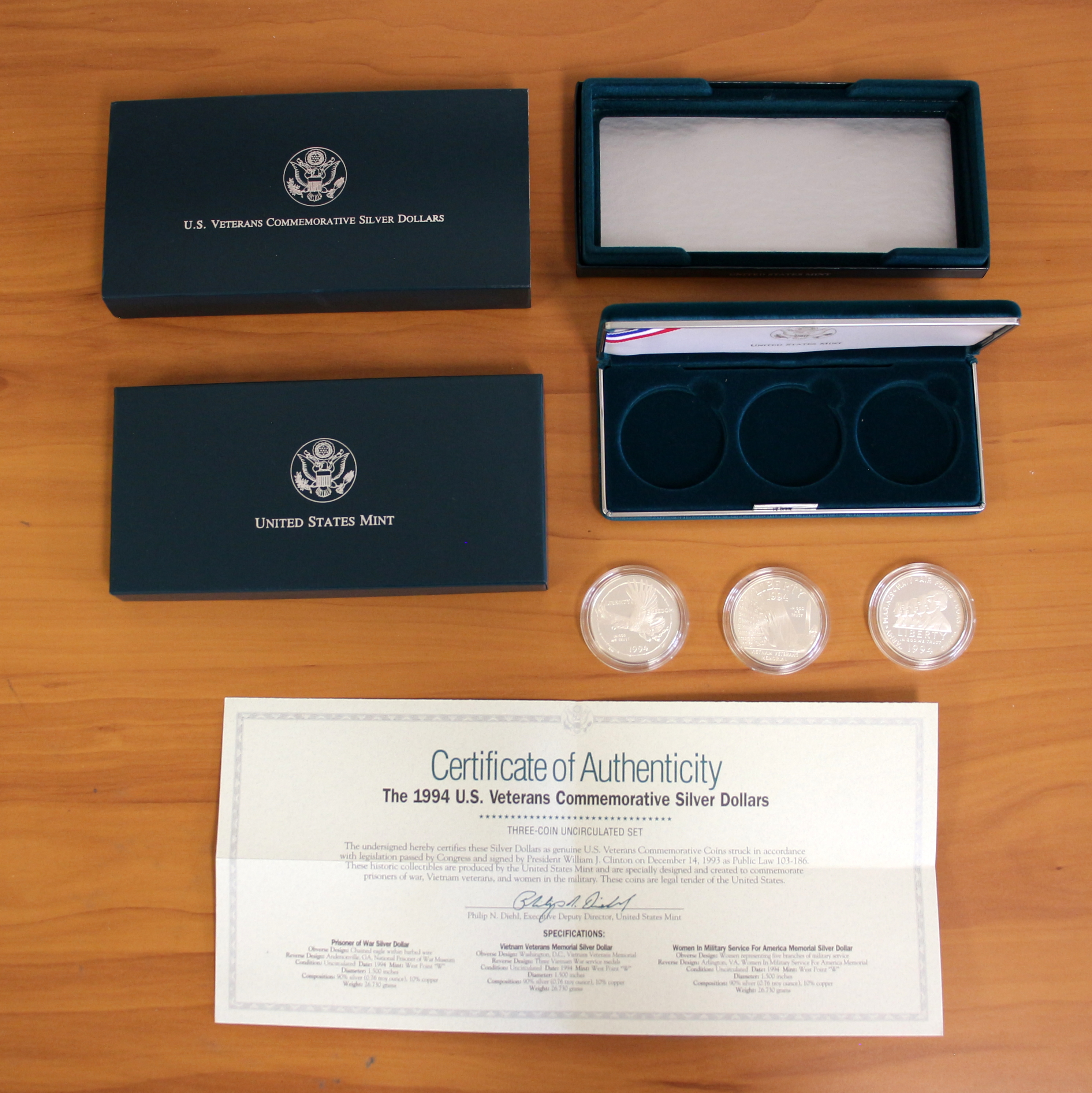 US Mint 1994 Veterans Commemorative Silver Dollar Proof Coin Set OGP ...