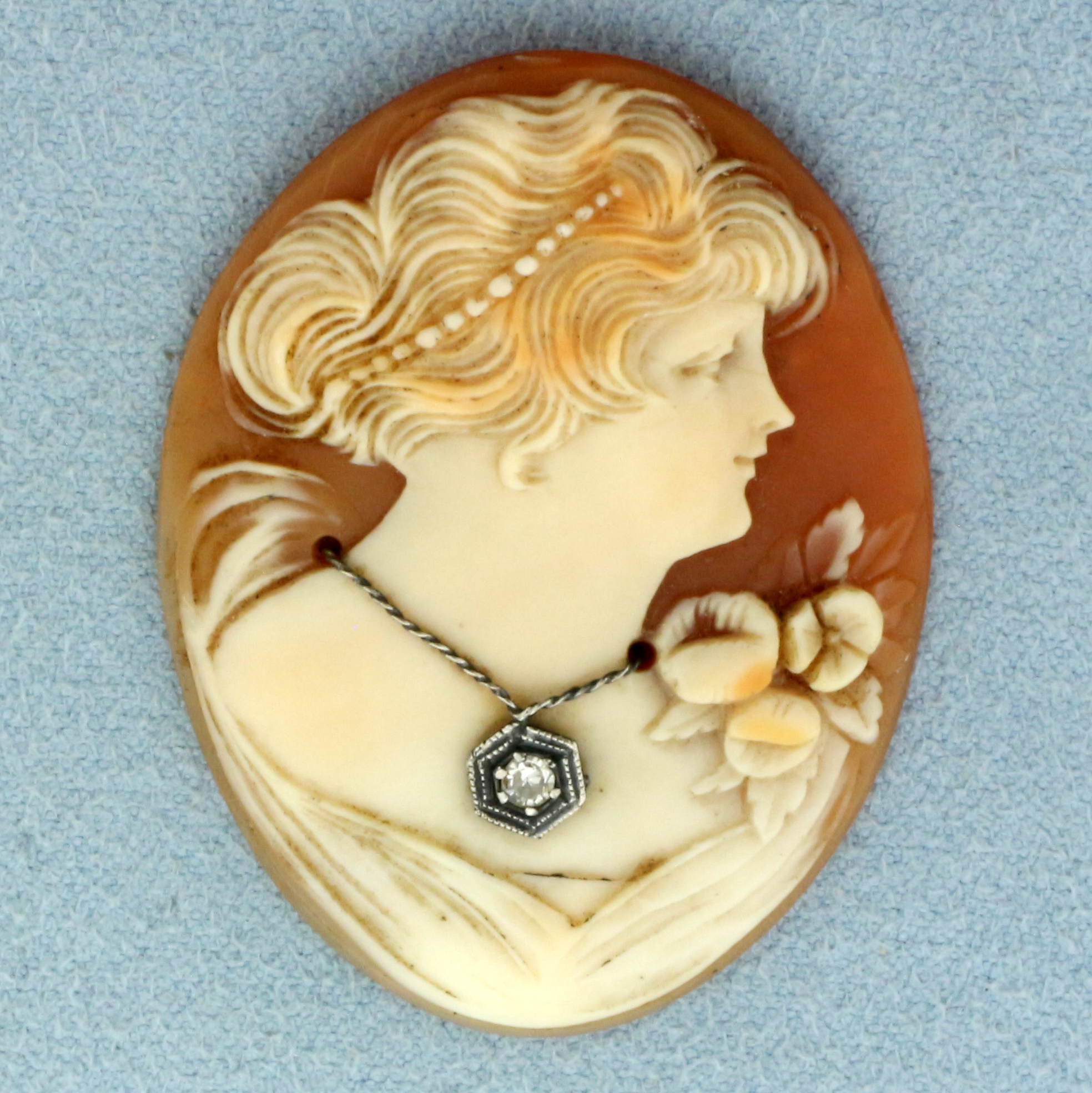 Vintage Hand Carved Shell Cameo with Diamond | Property Room