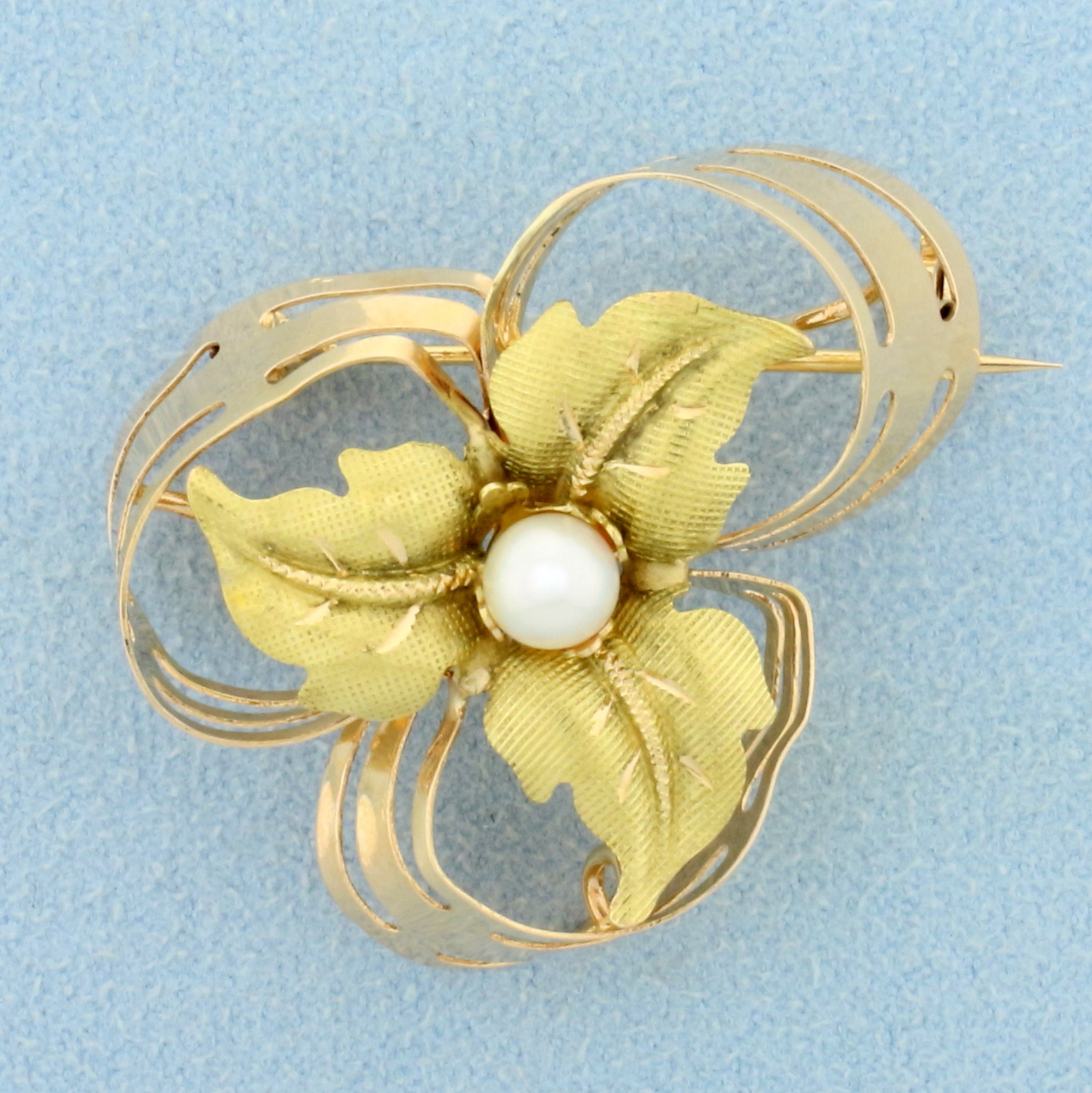 Vintage Hand Crafted Pearl Leaf Pin Brooch in 18K Yellow and Rose Gold ...