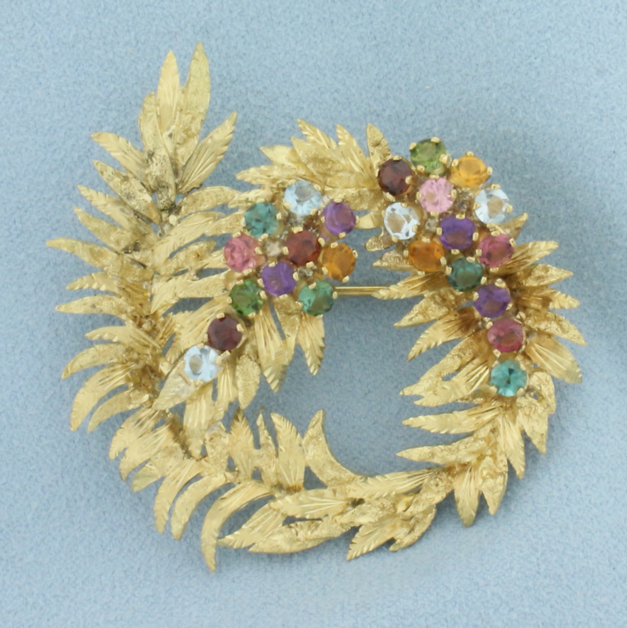 Vintage Rainbow Gemstone Wreath Pin in 18k Yellow Gold | Property Room
