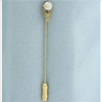 Antique Pearl and White Sapphire Stick Pin in 14k Yellow Gold ...