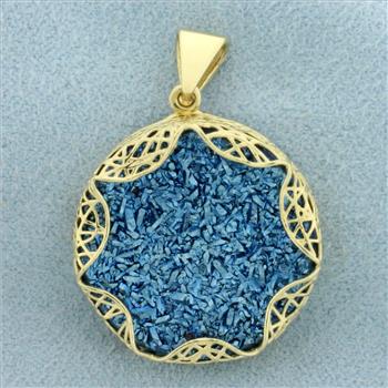 Blue Druzy Quartz Disc Pendant in 14k Yellow Gold | Property Room