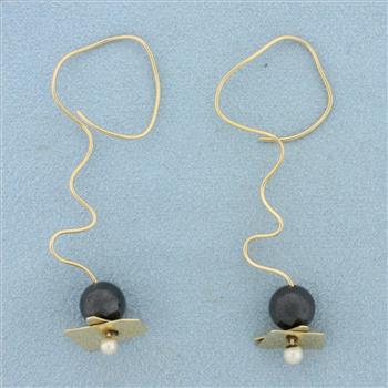 Custom Made Pearl Wire Dangle Earrings in 14K Yellow Gold | Property Room