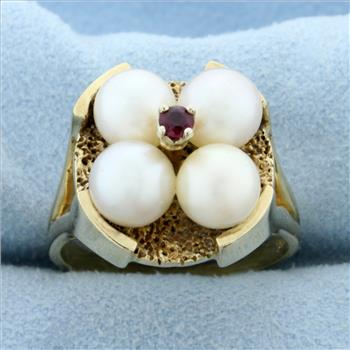 Designer Akoya Pearl and Ruby Target Ring in 14K Yellow Gold | Property ...
