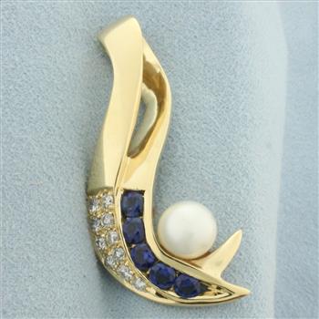 Designer Sapphire, Diamond, and Akoya Pearl Slide Pendant in 14k Yellow ...