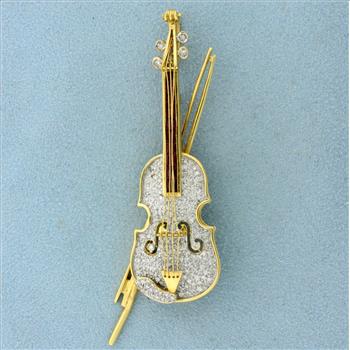 Diamond and Ruby Violin Pin in 18k Yellow Gold | Property Room