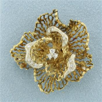 Italian Diamond Natural Freeform Flower Brooch Pin in 18k Yellow Gold ...