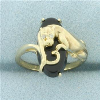 Onyx and Diamond Jaguar Cougar Ring in 10k Yellow Gold | Property Room