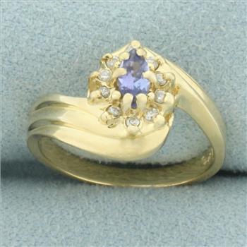 Tanzanite and Diamond Flower Bypass Ring in 14k Yellow Gold | Property Room