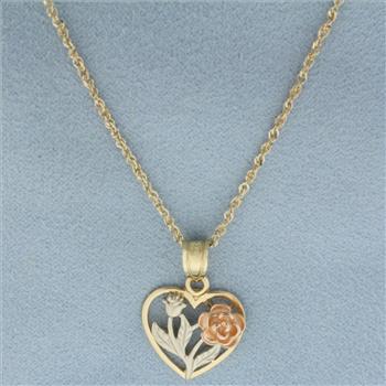 Tri color Flower Heart Necklace in 14k Yellow, White, and Rose Gold ...