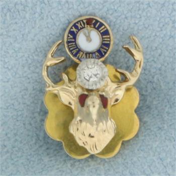Vintage Diamond and Enamel Elks Club Pin in 10k Yellow and White Gold ...