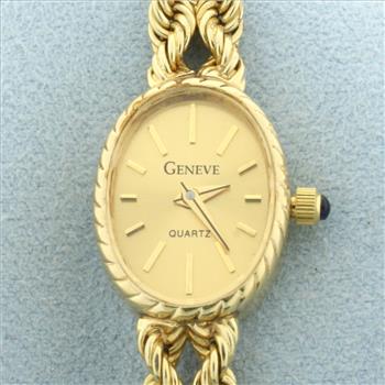 Vintage Ladies Geneve Rope Oval Dial Watch In Solid 14k Yellow Gold ...