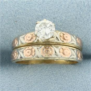 Vintage Tri-Color Flower Design Diamond Solitaire Engagement and ...