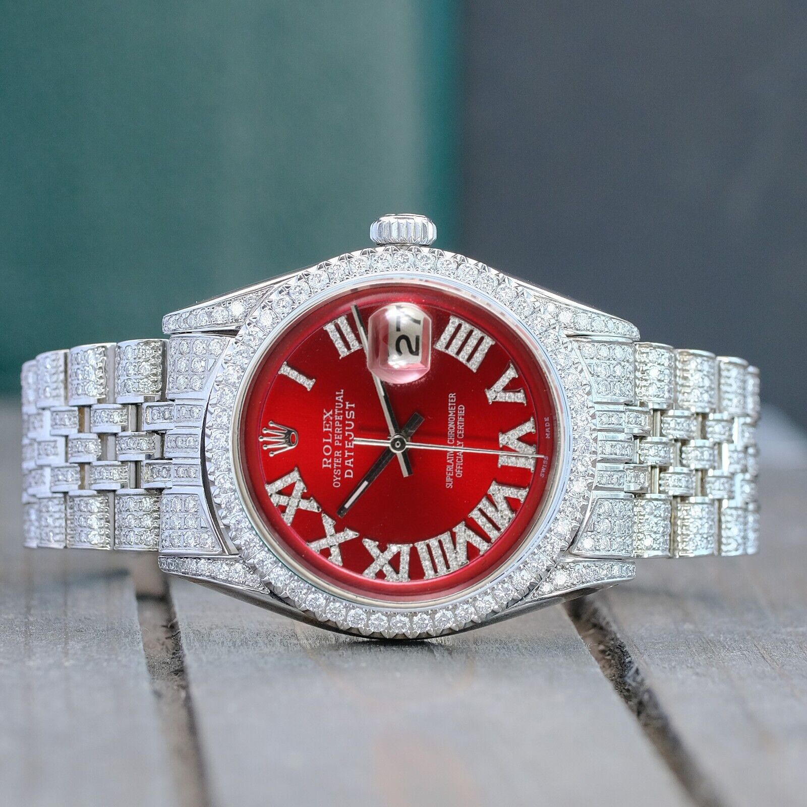 ROLEX MENS DATEJUST 36MM ICED OUT FULLY LOADED DIAMONDS RED ROMAN DIAL ...