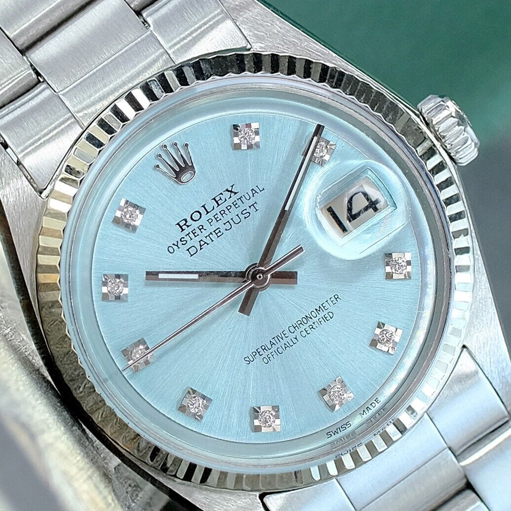 ROLEX MENS DATEJUST GOLD STEEL ICE BLUE DIAMOND DIAL OYSTER BAND 36MM ...