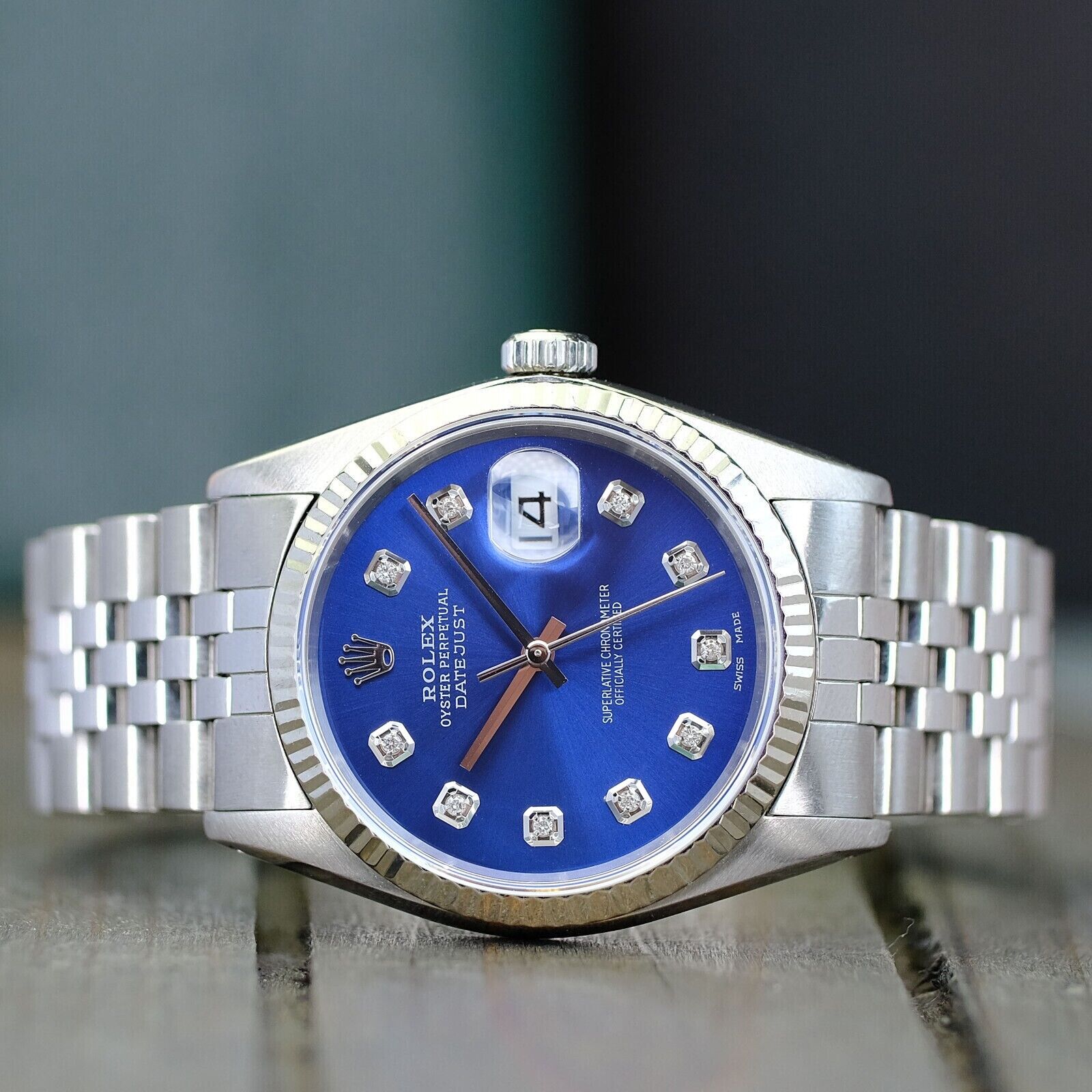 ROLEX MENS WATCH DATEJUST STEEL BLUE DIAMOND DIAL FLUTED BEZEL 36MM ...