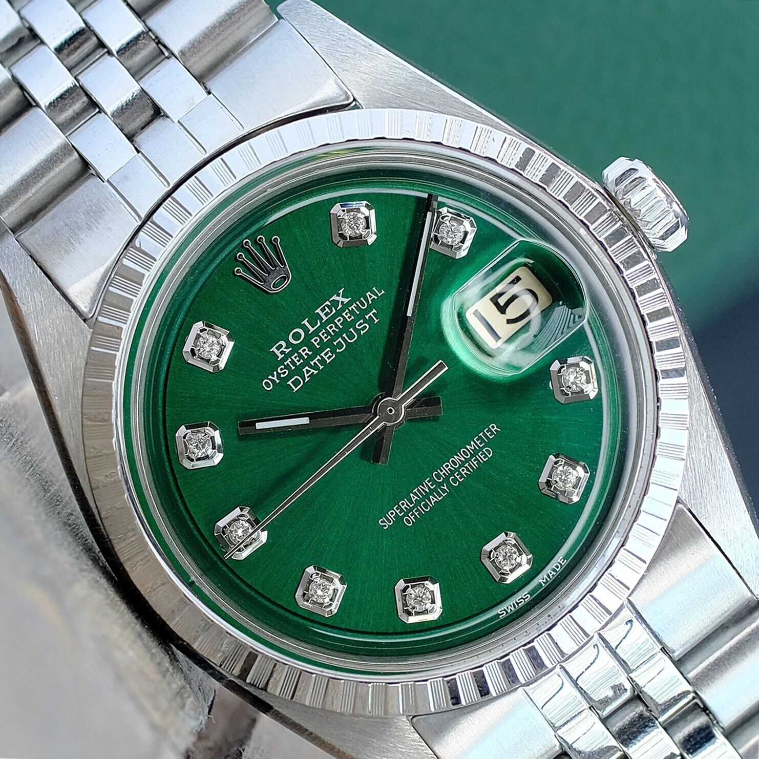 ROLEX MENS DATEJUST STAINLESS STEEL GREEN DIAMOND DIAL BEZEL 36MM WATCH ...