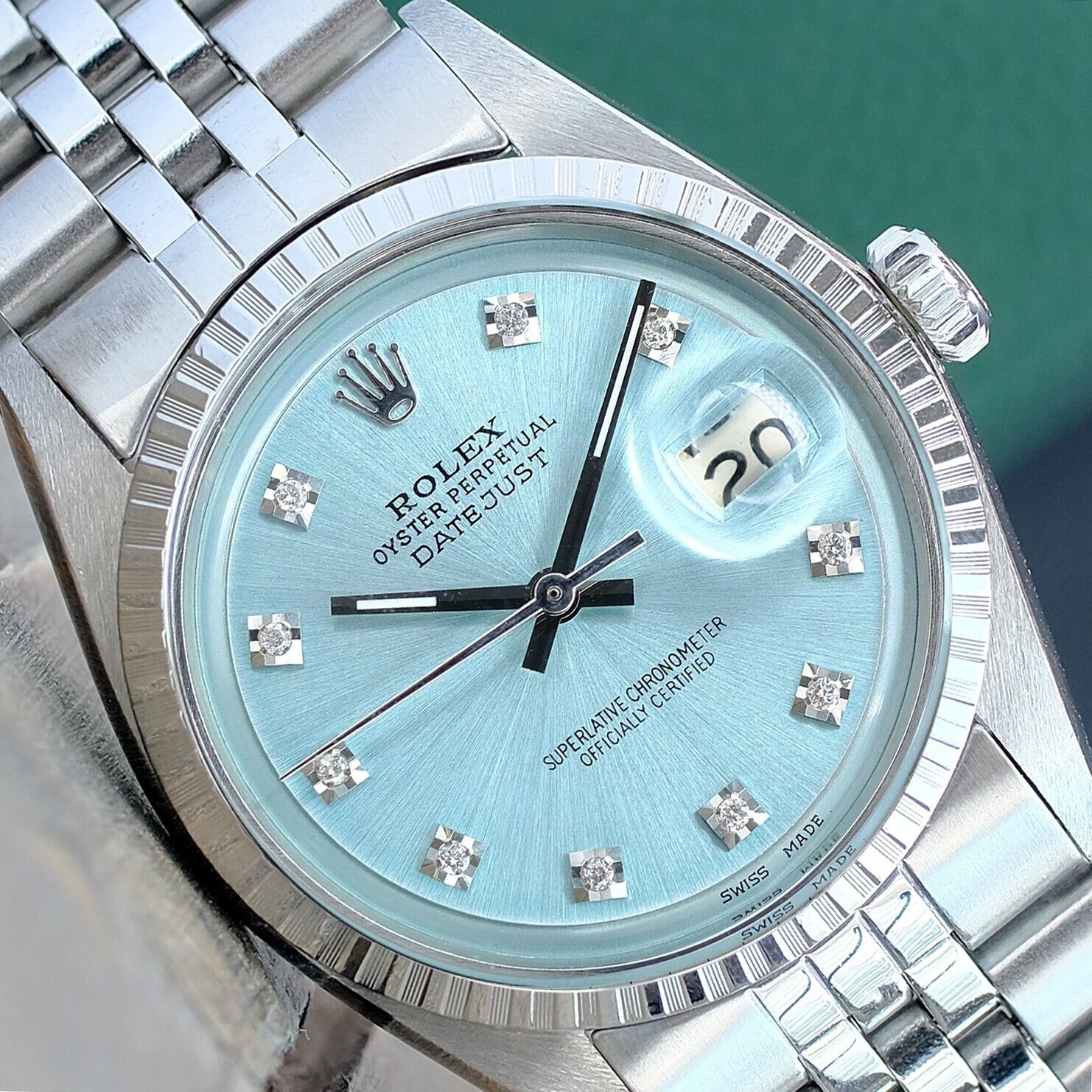 ROLEX MENS DATEJUST STAINLESS STEEL BLUE DIAMOND DIAL ENGINE TURNED ...