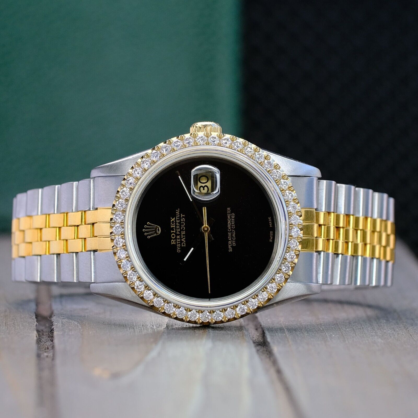 ROLEX MENS DATEJUST GOLD STEEL BLACK DIAL DIAMOND BEZEL 36MM WATCH 16233 NO HOLE - PREOWNED ...