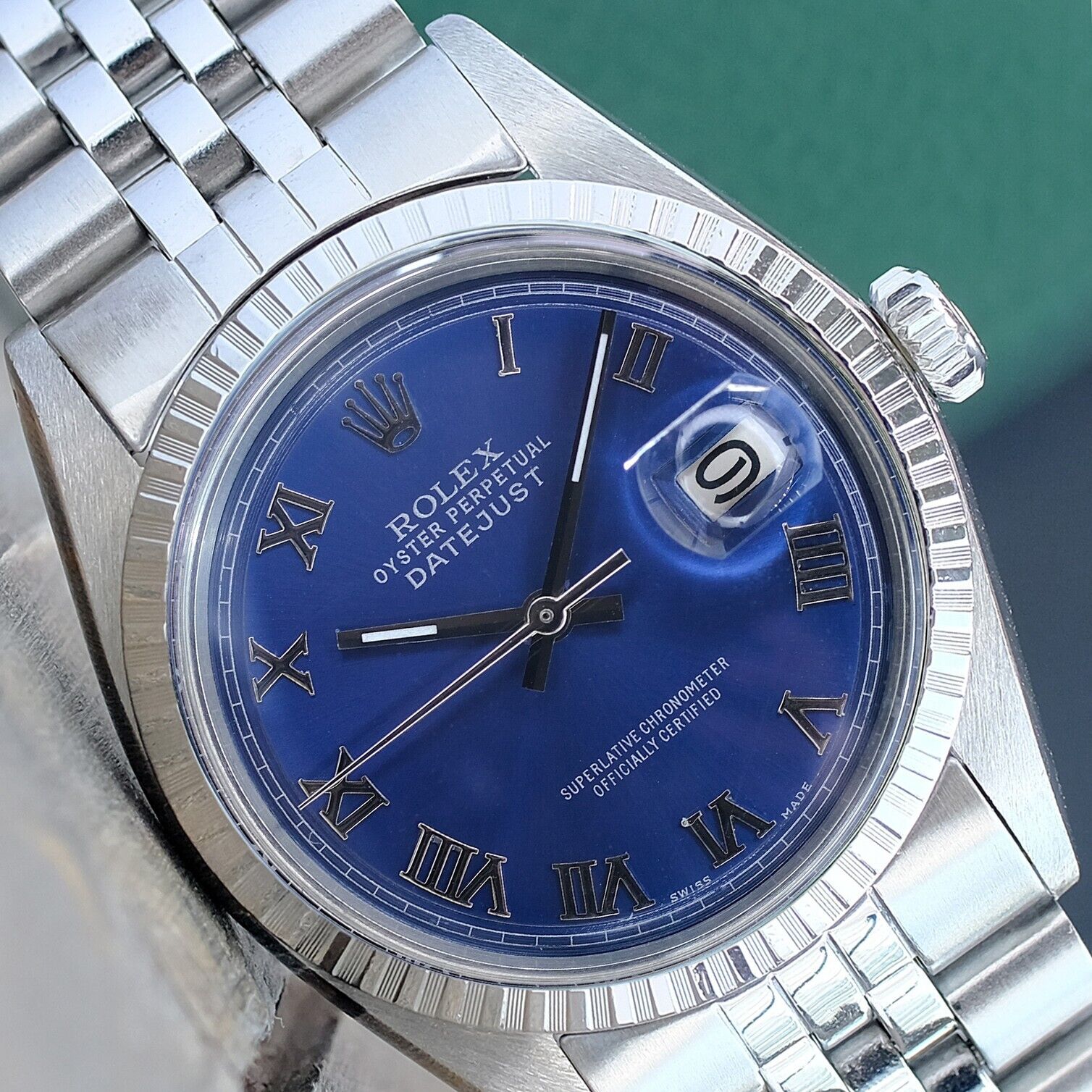 ROLEX MENS DATEJUST STAINLESS STEEL BLUE ROMAN DIAL ENGINE TURNED 36MM ...
