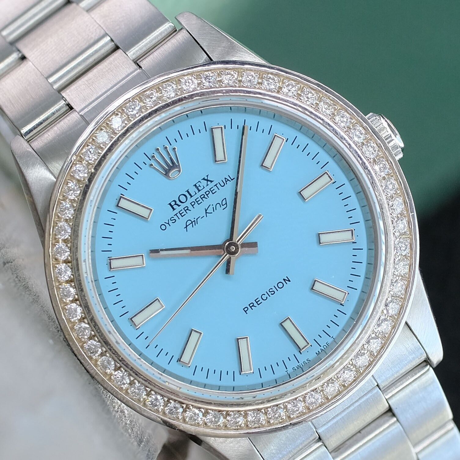 ROLEX MENS AIR-KING STEEL WATCH 34M BLUE INDEX DIAL DIAMOND BEZEL ...