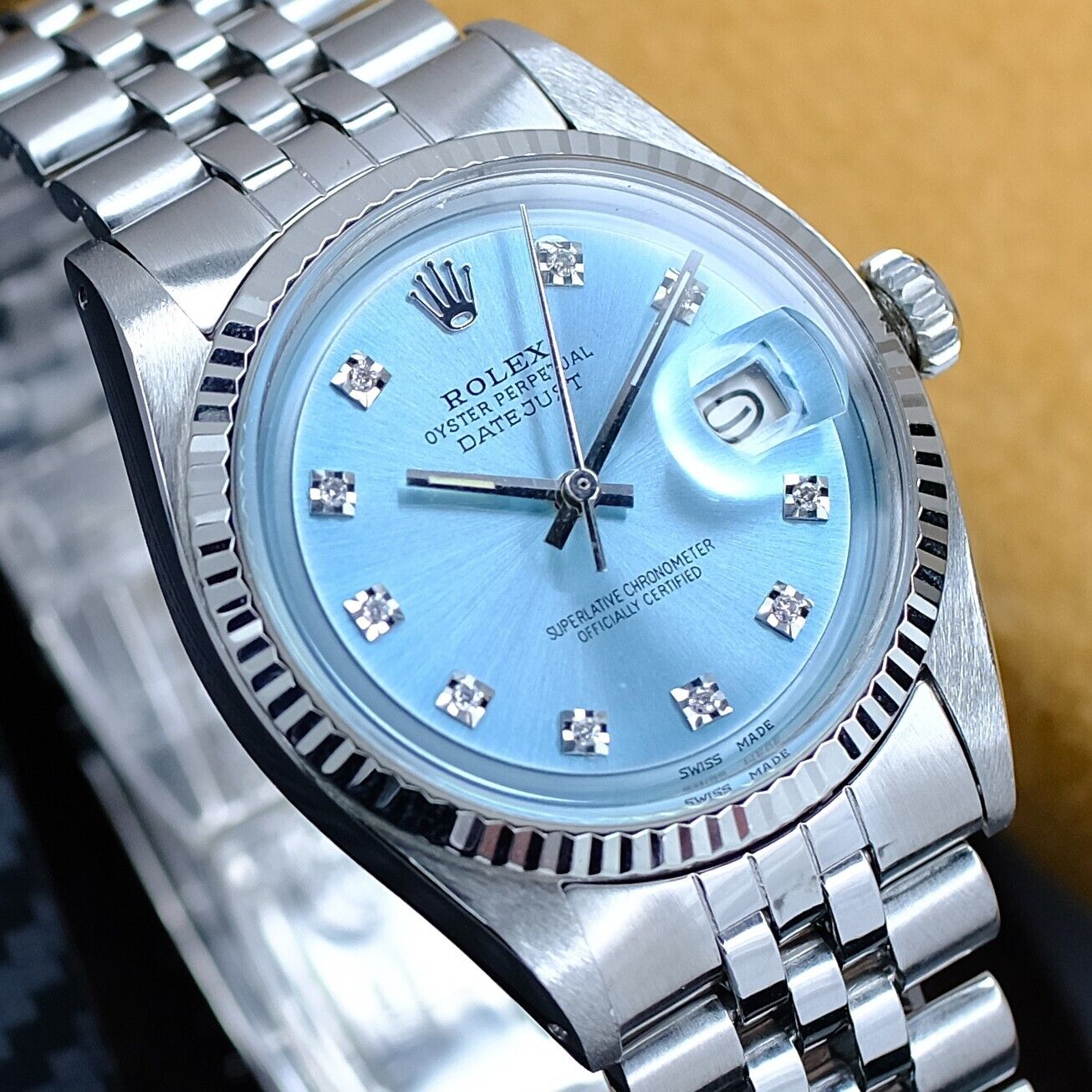 ROLEX MENS WATCH DATEJUST STEEL BLUE DIAMOND DIAL FLUTED BEZEL 36MM ...